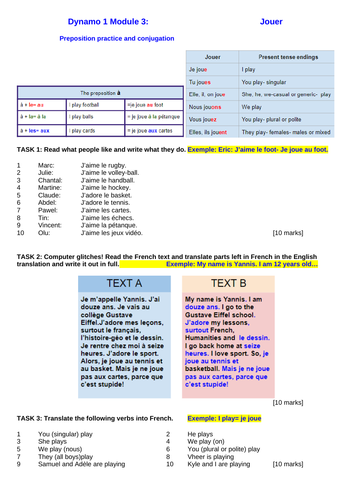Dynamo 1 Module 3 worksheet to practise jouer à and conjugation ...