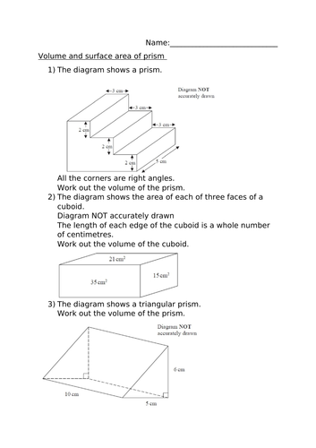 VOLUME AND SURFACE AREAS OF PRISMS | Teaching Resources