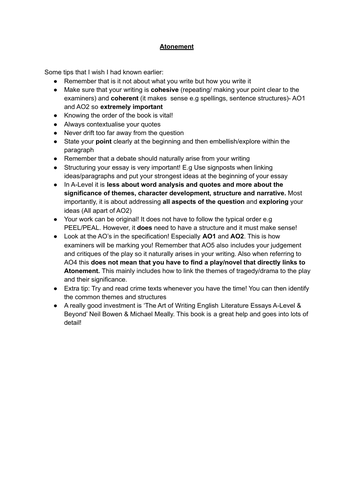 Atonement AQA A Level English Literature | Teaching Resources