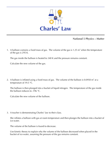 Charles' Law - Questions | Teaching Resources