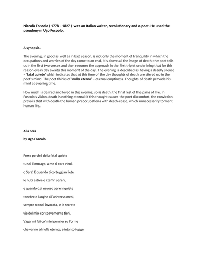 Ugo Foscolo poem Alla Sera Italian literature text, analysis and ...