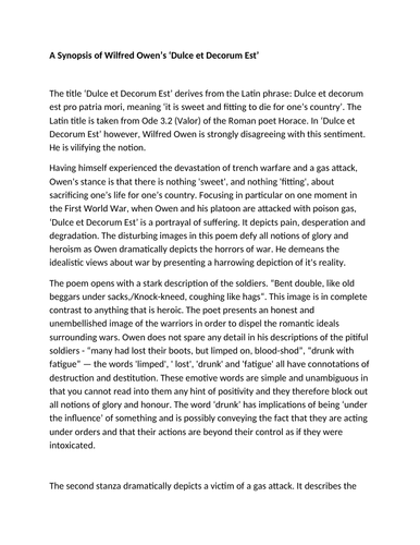 GCSE War Poetry Wilfred Owen Dulce et Decorum est an analysis with text ...