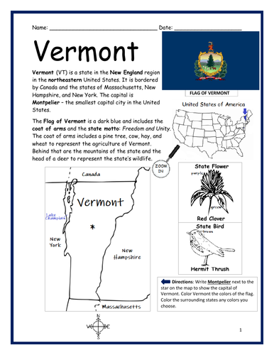 VERMONT - Introductory Geography Worksheet | Teaching Resources