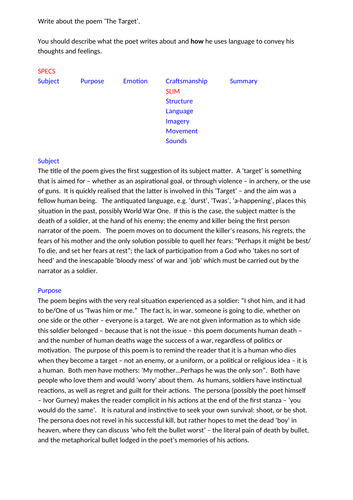 "The Target" Ivor Gurney Essay Analysis | Teaching Resources