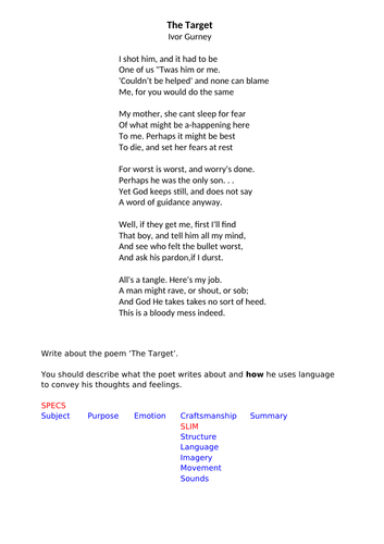 "The Target" Ivor Gurney Essay Analysis | Teaching Resources