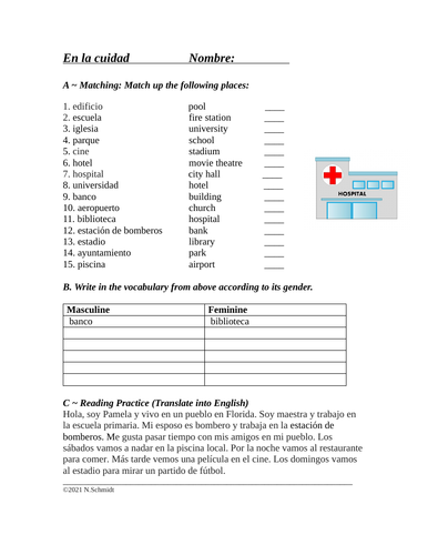 In the City Spanish Vocabulary Worksheet: En la ciudad/edificios ...