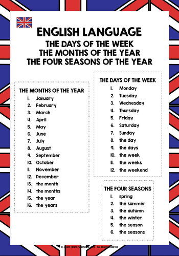 ESL EFL ELL ENGLISH DAYS MONTHS SEASONS VOCABULARY LIST | Teaching ...