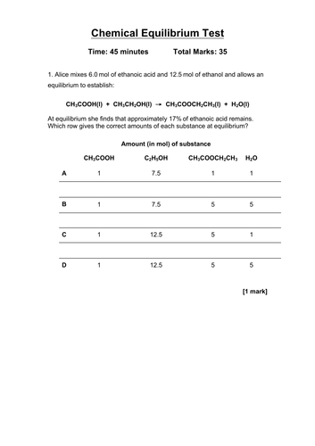Chemical Equilibrium Exam Questions | Teaching Resources