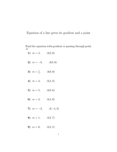 Equation of a line given its gradient and a point worksheet no 3 (with ...