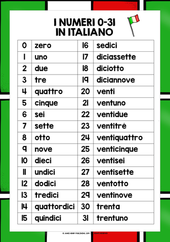 ITALIAN NUMBERS 0-31 LIST FREEBIE | Teaching Resources