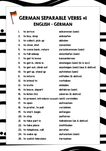 GERMAN SEPARABLE VERBS LIST #1 | Teaching Resources