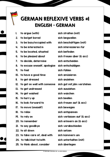 GERMAN REFLEXIVE VERBS LIST FREEBIE #1 | Teaching Resources