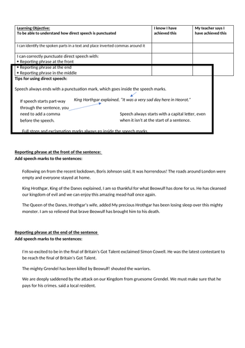 Beowulf: Using direct speech KS2 | Teaching Resources