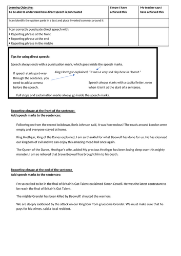 Beowulf: Using direct speech KS2 | Teaching Resources