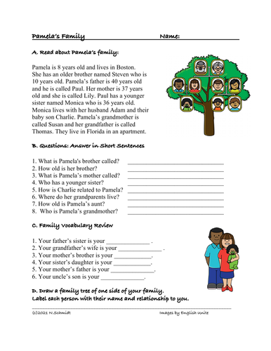 Family Reading and Worksheet in English (ESL/ELL/EFL) | Teaching Resources