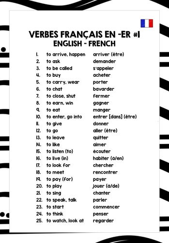 FRENCH ER VERBS LIST #1 | Teaching Resources