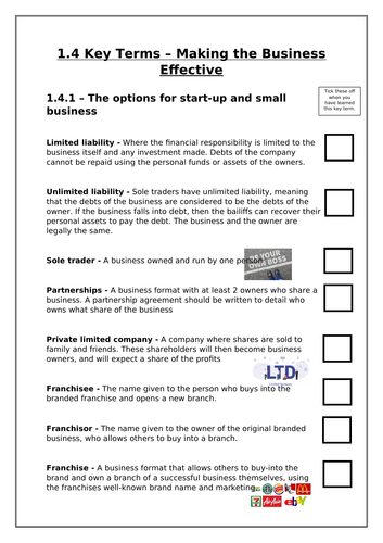 GCSE BUSINESS - 1.4 - ALL KEY TERMS AND A MCQ TEST | Teaching Resources
