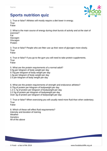 Lifestyle - Sports Nutrition | Teaching Resources