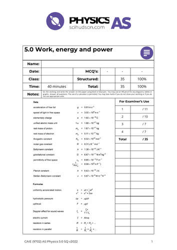 AS Physics 9702 - SQs - 05. Work, energy and power | Teaching Resources