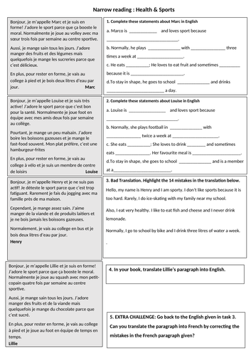 KS3 French Narrow Reading: Sport and Healthy Living | Teaching Resources