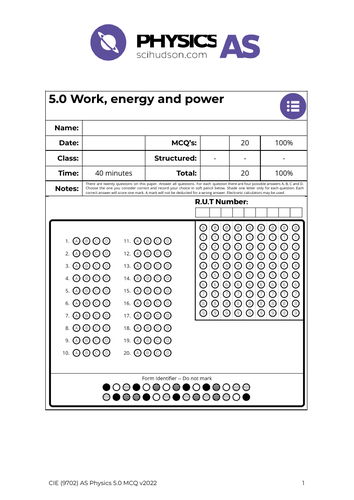 AS Physics 9702 - MCQs - 05. Work, energy and power | Teaching Resources
