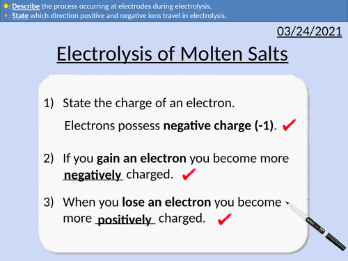 GCSE Chemistry: Electrolysis of molten salts | Teaching Resources
