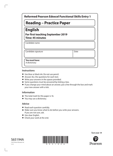 Entry 1 and 2 reading practice paper | Teaching Resources