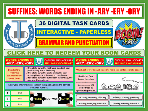SUFFIXES - WORDS ENDING IN -ARY, -ERY AND -ORY: 36 BOOM CARDS ...