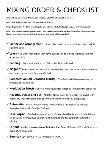 Music Mixing Order and Checklist | Teaching Resources
