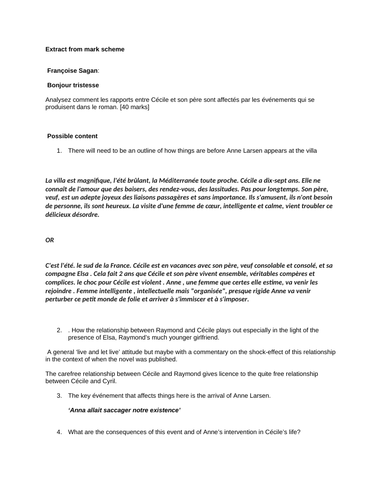 AQA A LEVEL FRENCH BONJOUR TRISTESSE EXAMINERS NOTES and revision notes ...