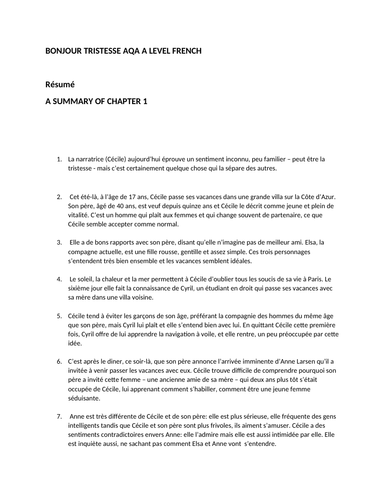 AQA A LEVEL FRENCH BONJOUR TRISTESSE bullet point summary of 1st ...