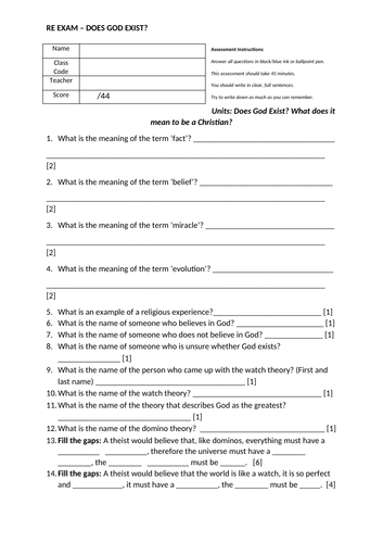 Does God Exist Exam paper | Teaching Resources