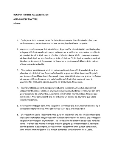 AQA A LEVEL FRENCH BONJOUR TRISTESSE summary in French of chapter 2 ...