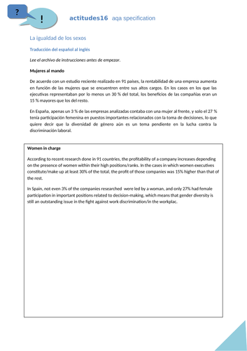 La igualdad de los sexos-AQA AS Spanish Unit | Teaching Resources