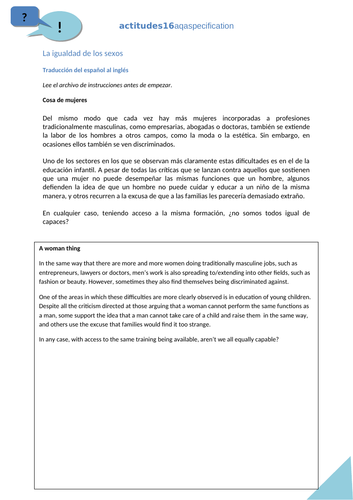 La igualdad de los sexos-AQA AS Spanish Unit | Teaching Resources