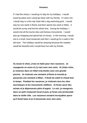 Mes vacances idéales - Ideal holiday translation into French | Teaching ...