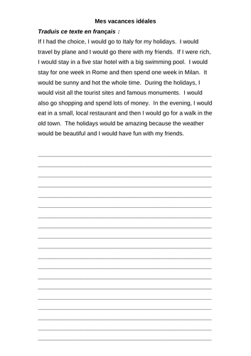 Mes vacances idéales - Ideal holiday translation into French | Teaching ...