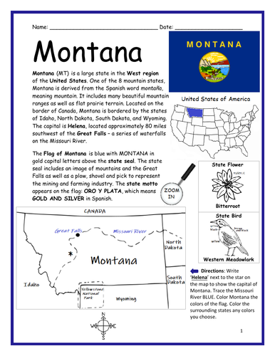 MONTANA - Introductory Geography Worksheet | Teaching Resources