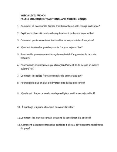 WJEC A LEVEL FRENCH ESSAY WRITING, revision questions, FAMILY STRUCTURE ...