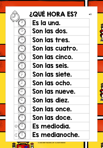 SPANISH TELLING TIME O'CLOCK LIST | Teaching Resources