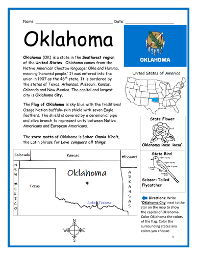 OKLAHOMA - Introductory Geography Worksheet | Teaching Resources
