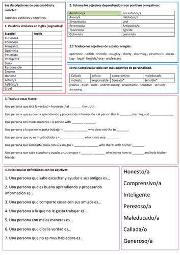Spanish - Character description (worksheet) | Teaching Resources
