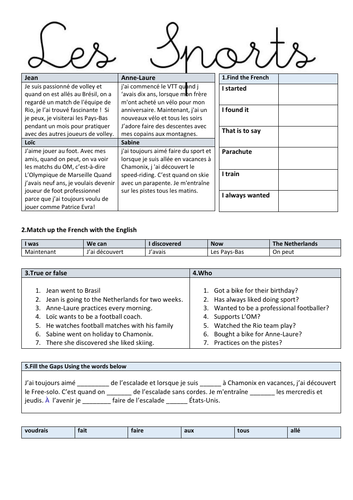 Les Sports French GCSE KS4 AQA conti type reading worksheet | Teaching ...