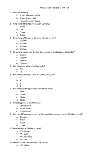 Treaty of Versailles End of Unit Test | Teaching Resources