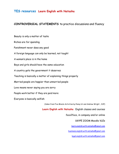 CONTROVERSIAL STATEMENTS to practice conversation in English | Teaching ...