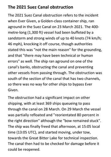 The 2021 Suez Canal obstruction Handout | Teaching Resources