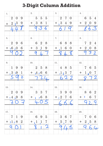 Primary Maths-3 Digit Column Addition Worksheet | Teaching Resources