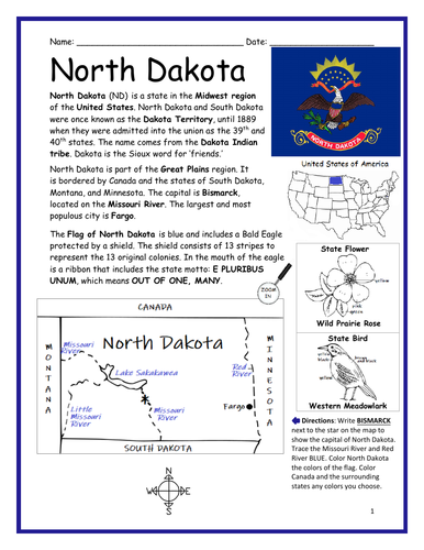 NORTH DAKOTA - Introductory Geography Worksheet | Teaching Resources