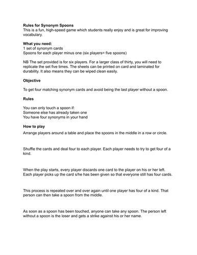 Literacy Game: Synonym Spoons | Teaching Resources