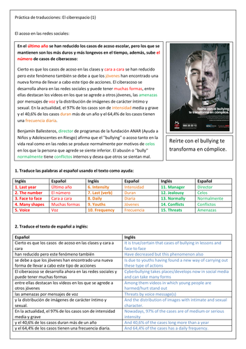 A - Level Spanish - Translation practice #1: El ciberacoso | Teaching ...